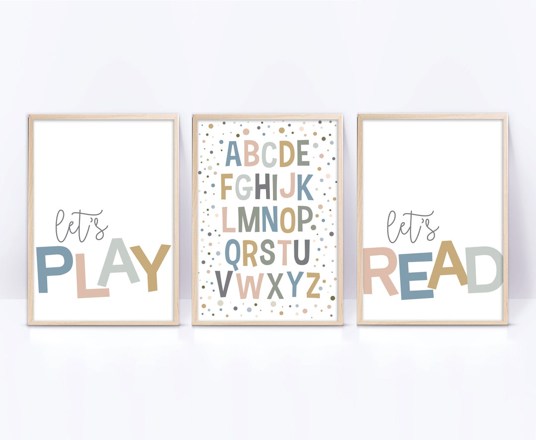 Printable Wall Art, Set of Three Playroom Prints, Lets Play, Lets Read ...