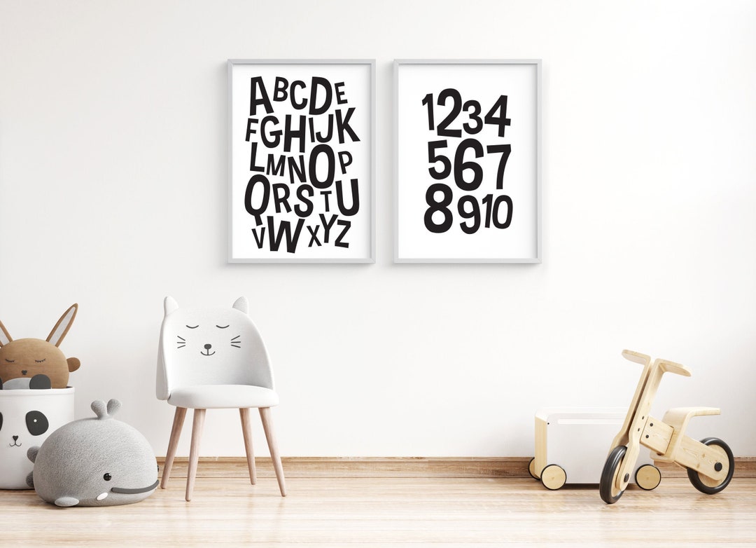 Monochrome Printable Wall Art ABC & NUMBERS Set of Two, Black and White ...