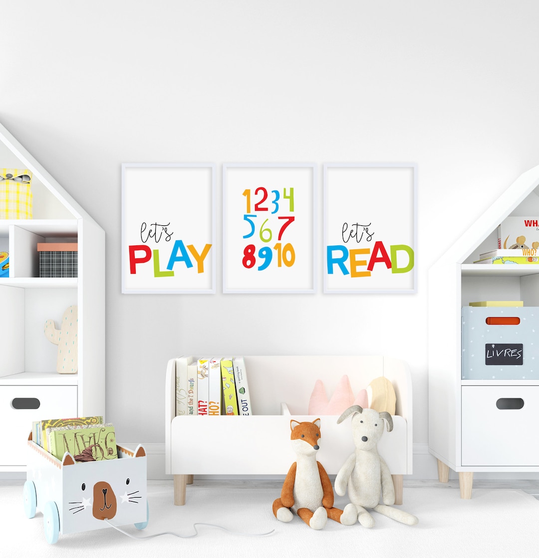 Set of Three Playroom Prints, Printable Wall Art, Lets Play, Lets Read ...