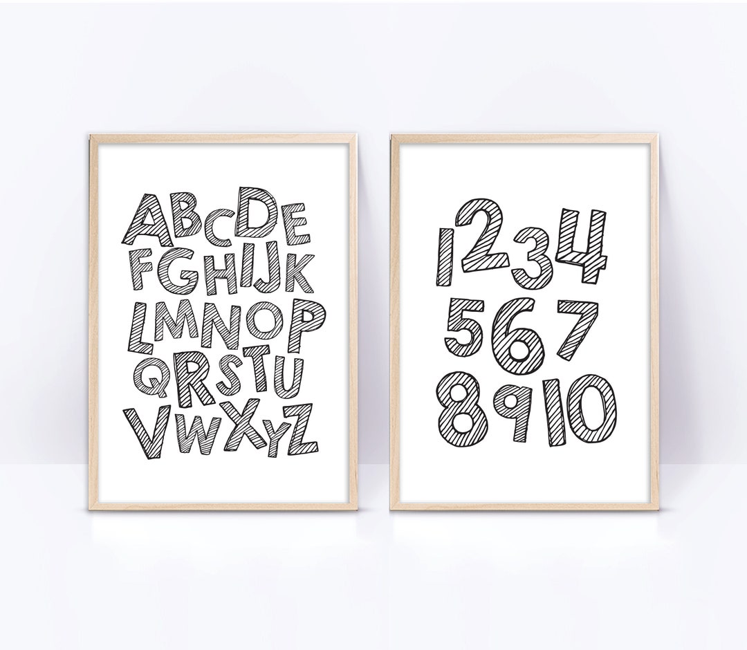 Alphabet and Numbers Set of Printable Wall Art, Black and White ...