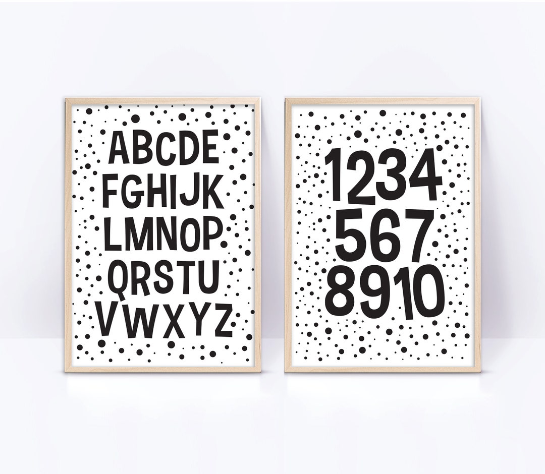 Black and White ABC & NUMBERS Printable Wall Art Set, Monochrome ...