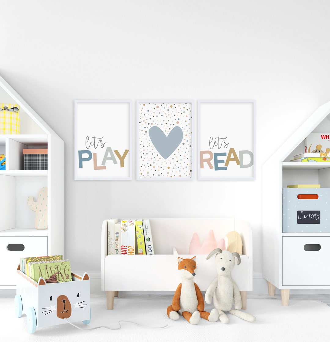 Set of Three Playroom Prints, Printable Wall Art, Lets Play, Lets Read ...