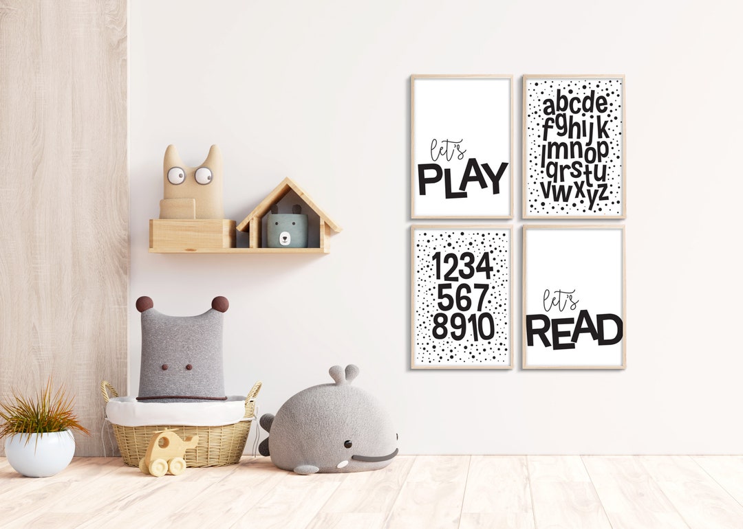 Black and White Set of Four Prints, Alphabet, Abc, Numbers Counting ...