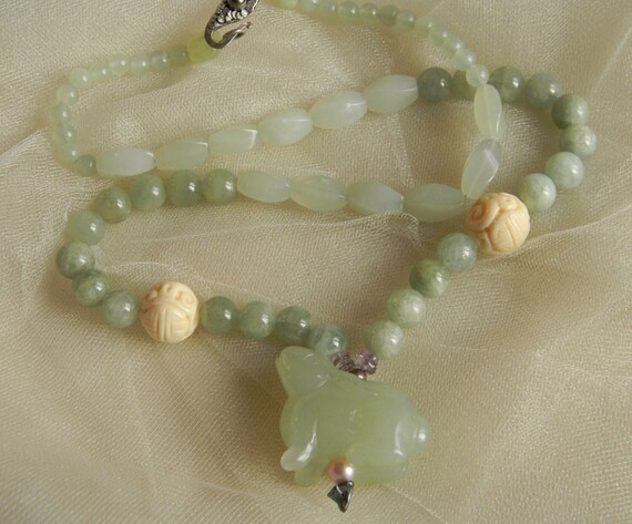 Celadon Jade Rabbit Pendant W Aquamarine & Carved Prehnite | Etsy