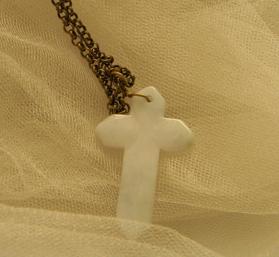 White Jade Cross on Brass Chain Necklace Religious Icon - Etsy