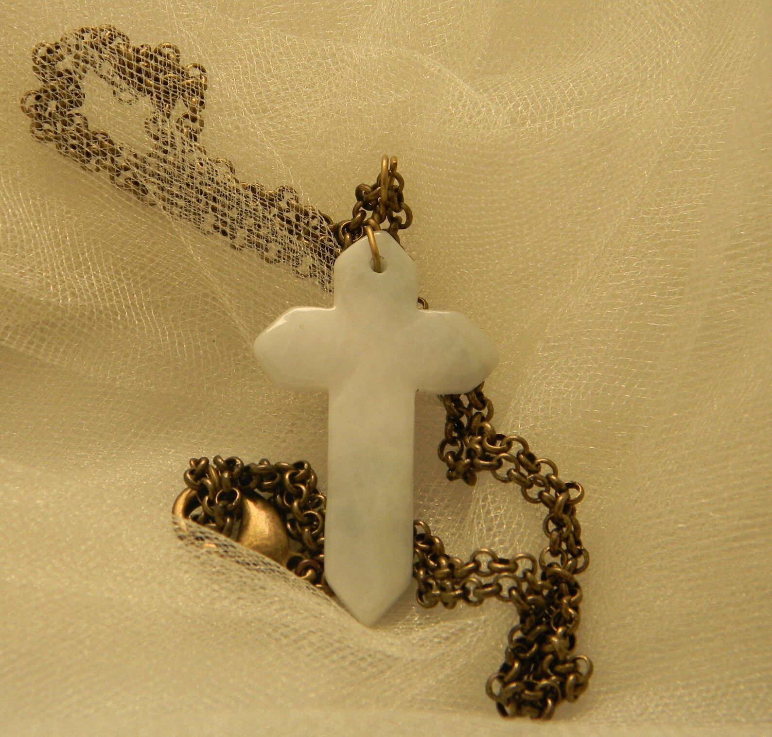 White Jade Cross on Brass Chain Necklace Religious Icon - Etsy