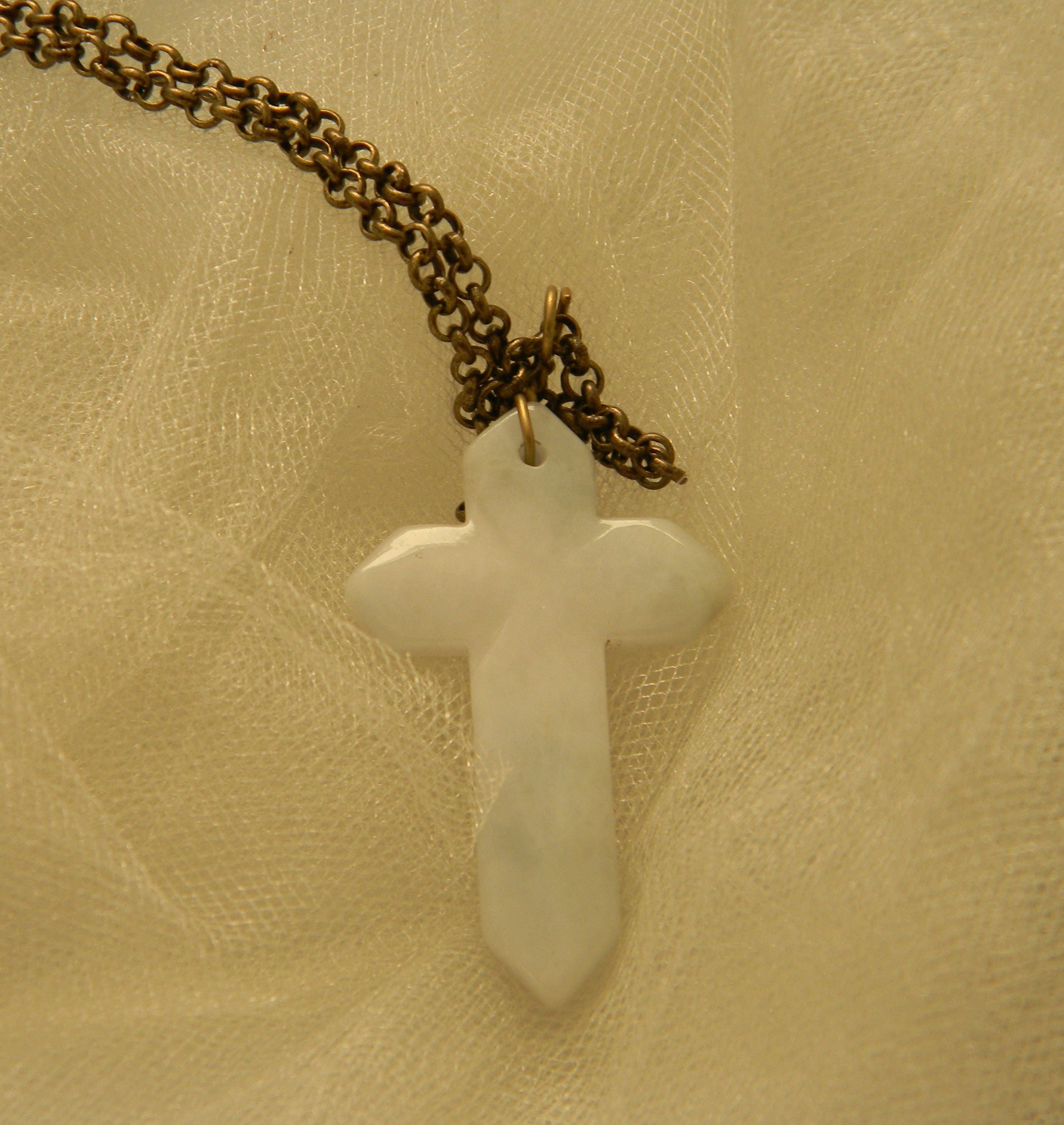 White Jade Cross on Brass Chain Necklace Religious Icon - Etsy