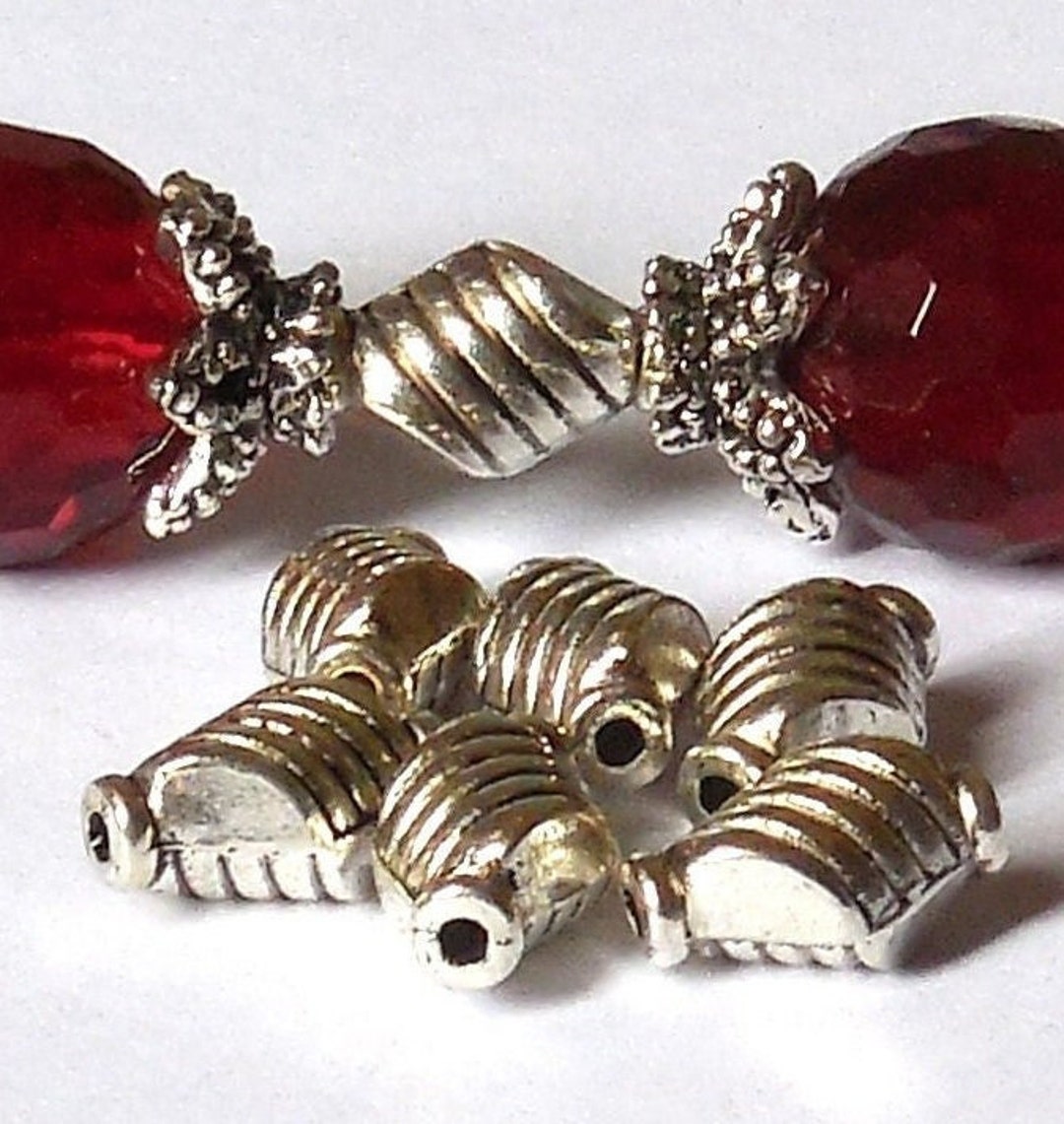 30pc** 10mm Antique Silver TUBE Beads TWISTED Corrugated Spacer ...