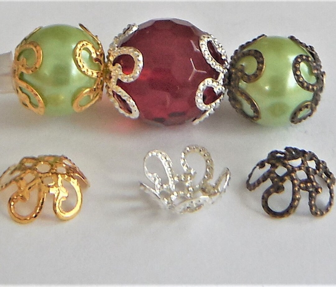 10mm FILIGREE Bead Caps Silver or Gold 10x4mm FLEXIBLE Plated FITS 10mm ...