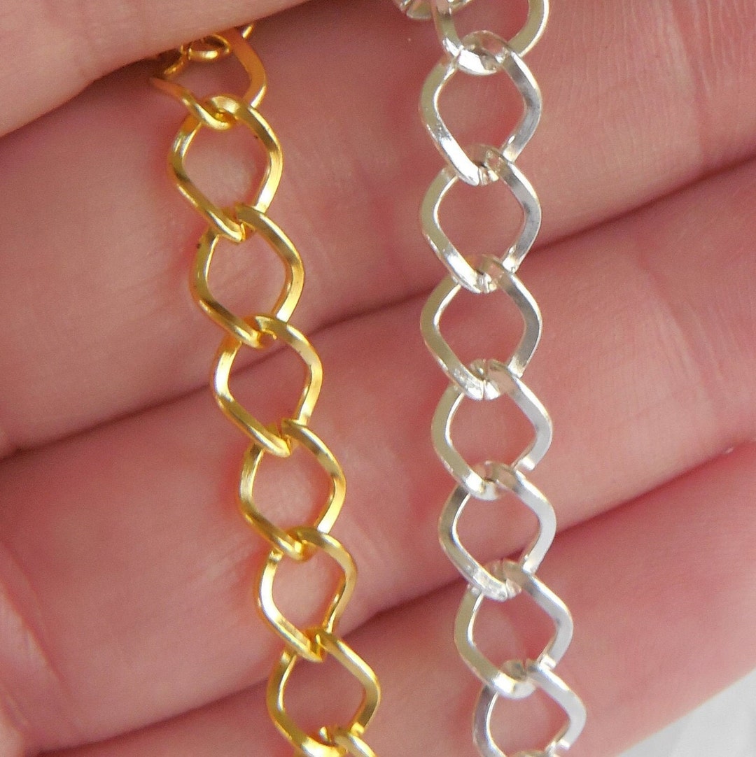6.5ft(2m) Rhombus Curb Chain Silver or Gold 7x8mm 16ga (1.2mm) Flat ...