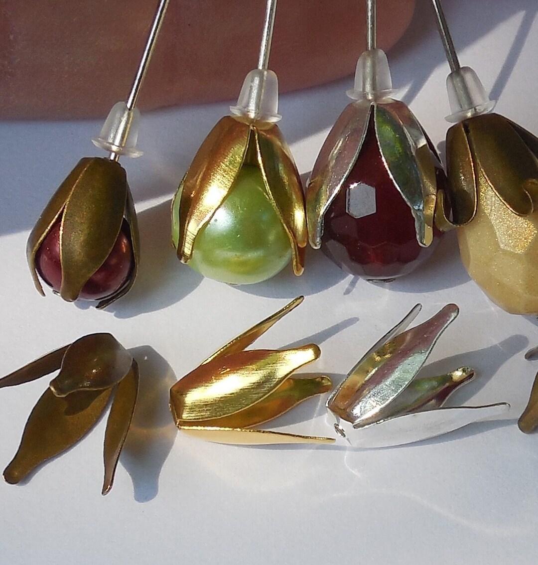 Tulip Bead Caps 4 Petal SILVER or ANTIQUE BRASS Flower Leaf 13mm X 8mm ...