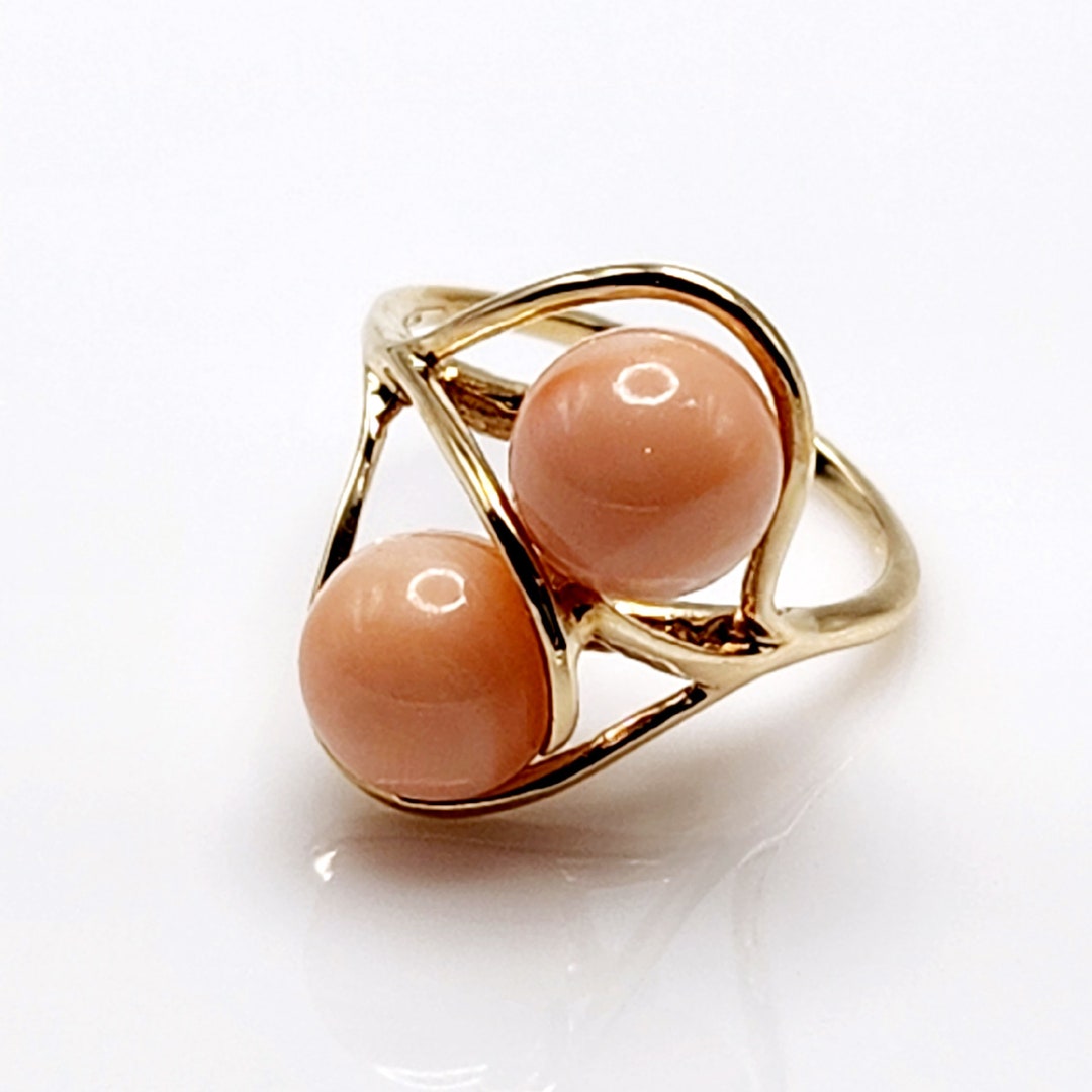 VINTAGE | Solid 14K Gold and Pink Coral Two Spheres Ring — Size 6.5 - Etsy