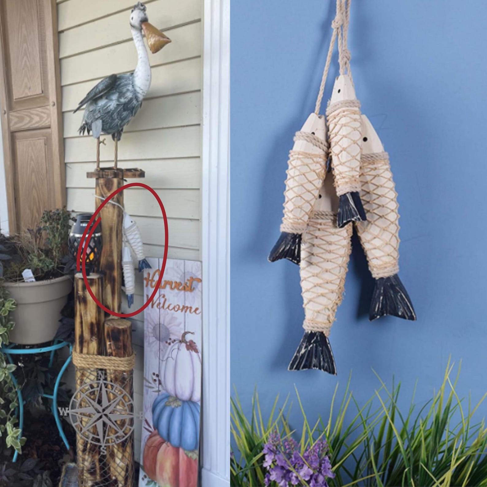 2 Wood Fish With Netting for Nautical Coastal Theme Decor Beach House ...