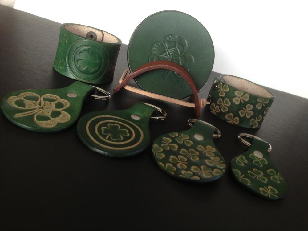 Green Leather Key Fob With A Vintage Shamrock Design choice of Small or ...