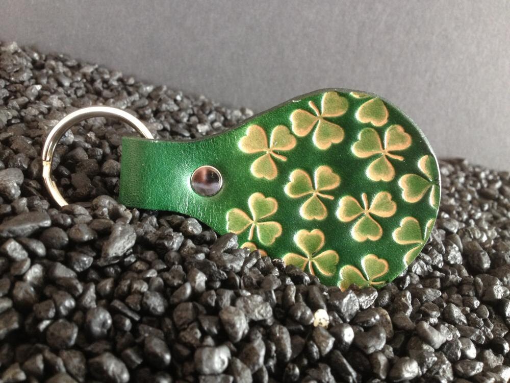 Green Leather Key Fob With A Vintage Shamrock Design choice of Small or ...