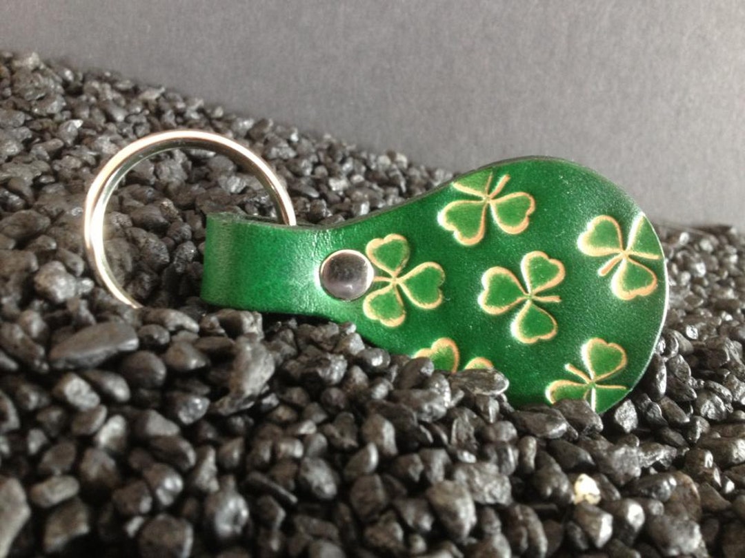 Green Leather Key Fob With A Vintage Shamrock Design choice of Small or ...
