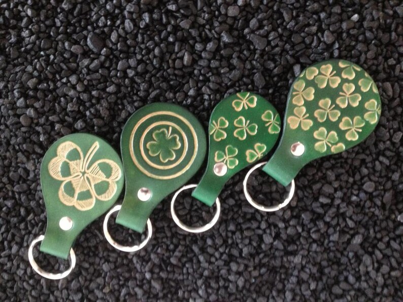 Green Leather Key Fob With A Vintage Shamrock Design choice of Small or ...