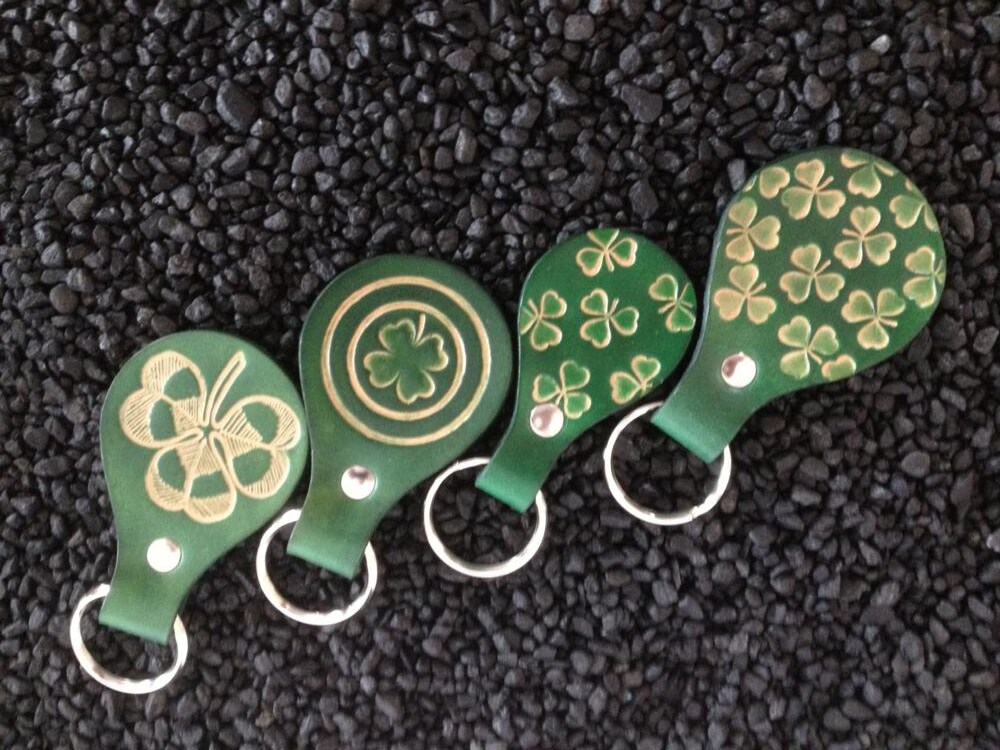 Green Leather Key Fob With A Vintage Shamrock Design choice of Small or ...