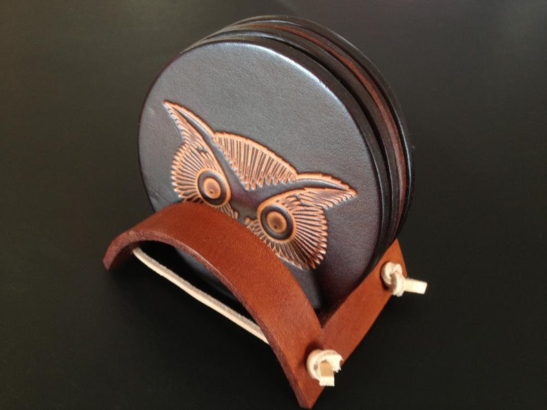 Owl Leather Coaster Set - Etsy