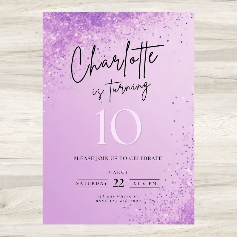 Girls Birthday Invite, Preteen Birthday Invitation Purple Glitter, Teen ...