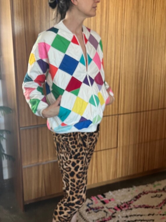 Vintage patchwork quilt jacket 80s color block bomber… - Gem