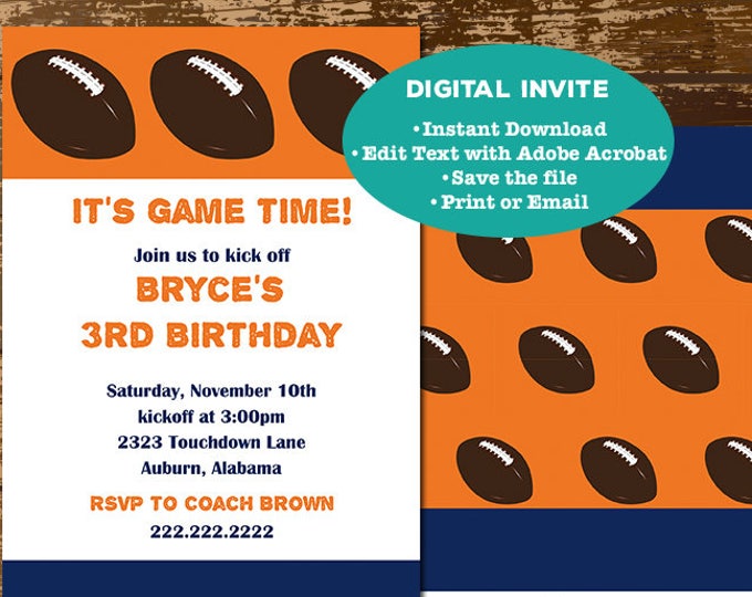 Editable Football Invitation, Football Birthday Invite, Orange and Blue ...
