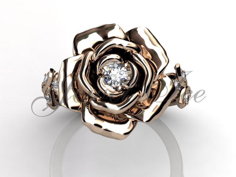 Enchanted Rose Flower Engagement Ring - 14k Rose Gold Diamond Unique ...