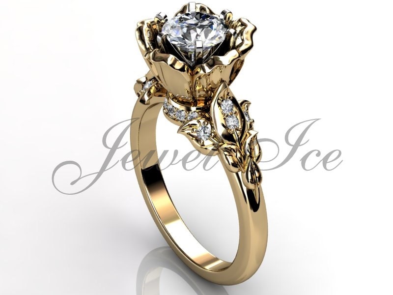 Flower Engagement Ring 14k Yellow Gold Diamond Unique Flower | Etsy