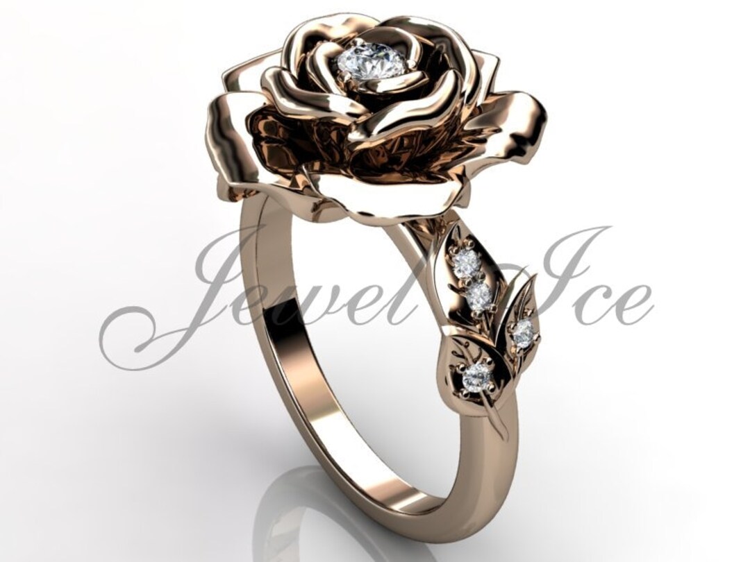 Enchanted Rose Flower Engagement Ring - 14k Rose Gold Diamond Unique ...