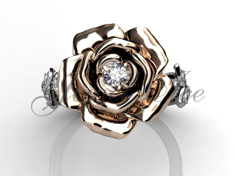 Enchanted Rose Engagement Ring - 14k White and Rose Gold Diamond Flower ...
