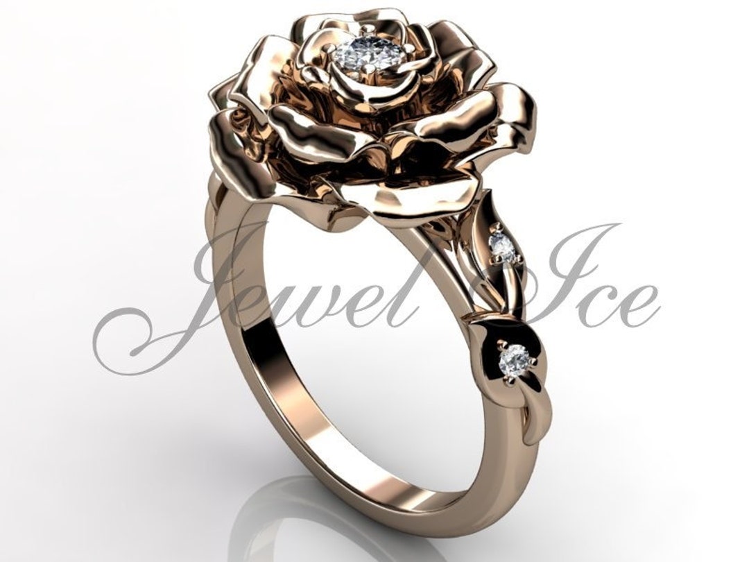 Enchanted Rose Flower Engagement Ring - 14k Rose Gold Diamond Unique ...