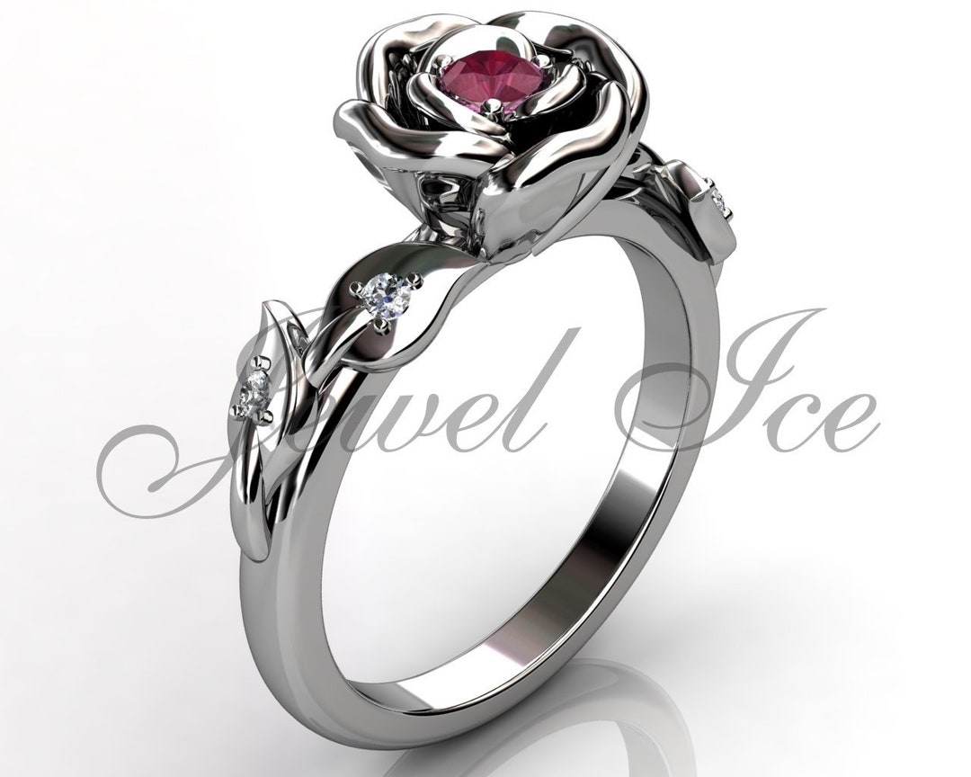 Ruby Ring - 14k White Gold Beauty and the Beast Rose Flower Ring ...