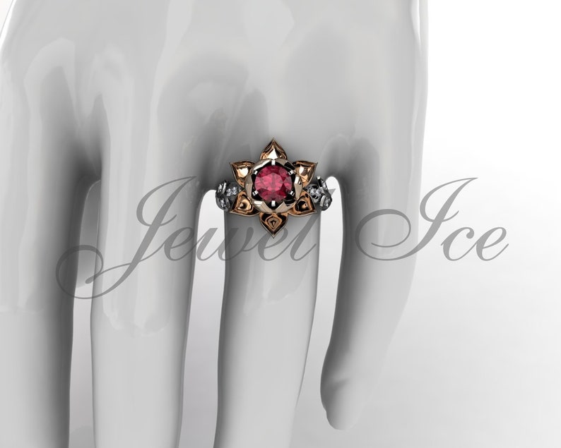 Lotus Flower Ruby Engagement Ring 14k White Rose Gold Lotus | Etsy