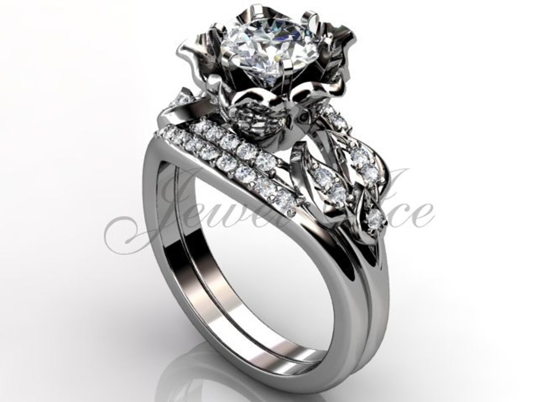 Platinum Diamond Unusual Unique Flower Engagement Ring, Bridal Ring ...