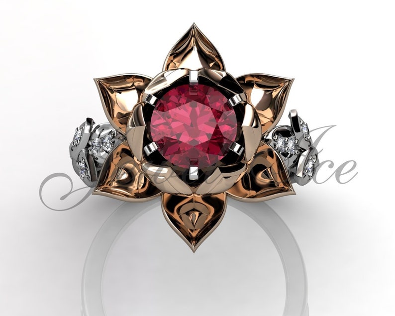 Lotus Flower Ruby Engagement Ring 14k White Rose Gold Lotus | Etsy