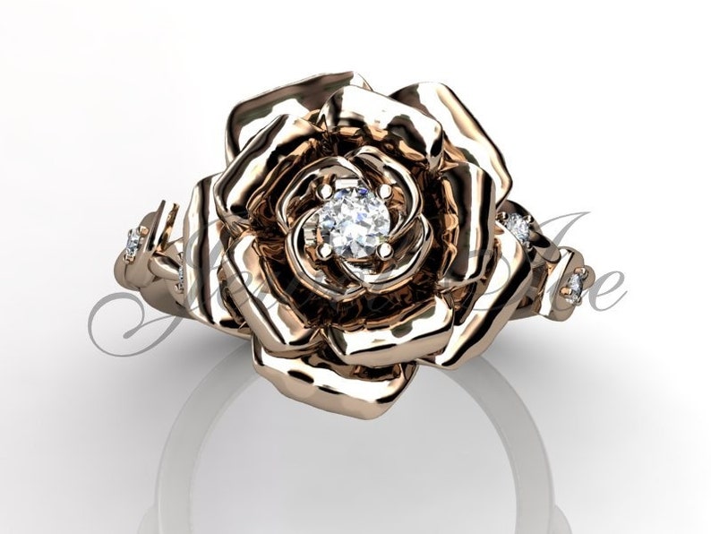 Enchanted Rose Flower Engagement Ring - 14k Rose Gold Diamond Unique ...