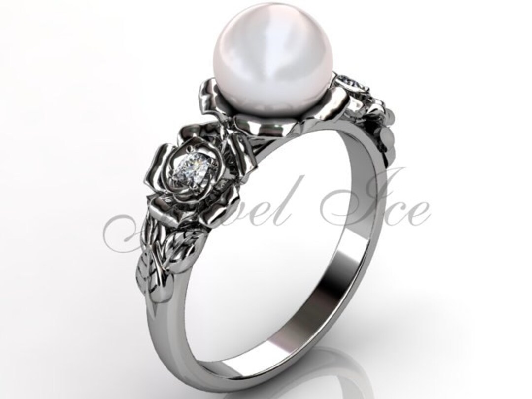 14k White Gold Pearl Diamond Unusual Unique Floral Engagement Ring ...
