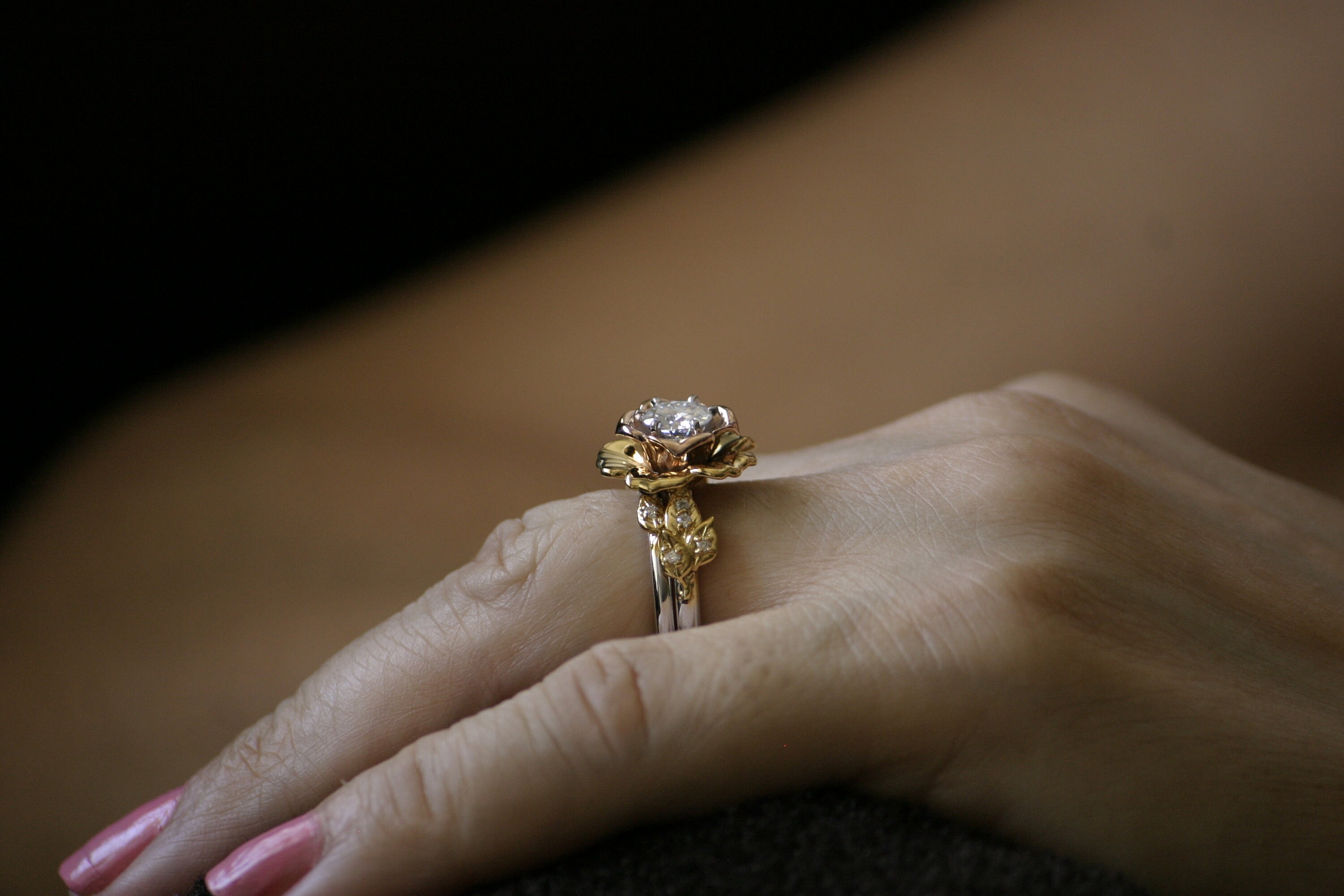 Unique Flower Engagement Ring Set White Rose and Yellow Gold | Etsy