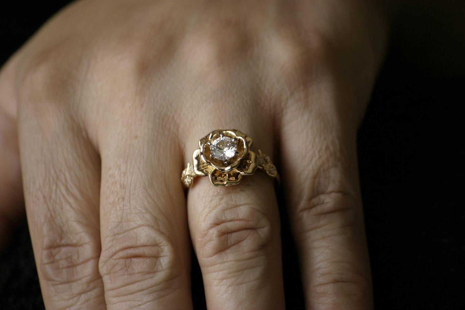 Flower Engagement Ring 14k Yellow Gold Diamond Unique Rose | Etsy