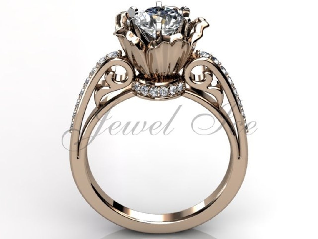 14k Rose Gold Diamond Unusual Unique Flower Engagement Ring, Bridal ...