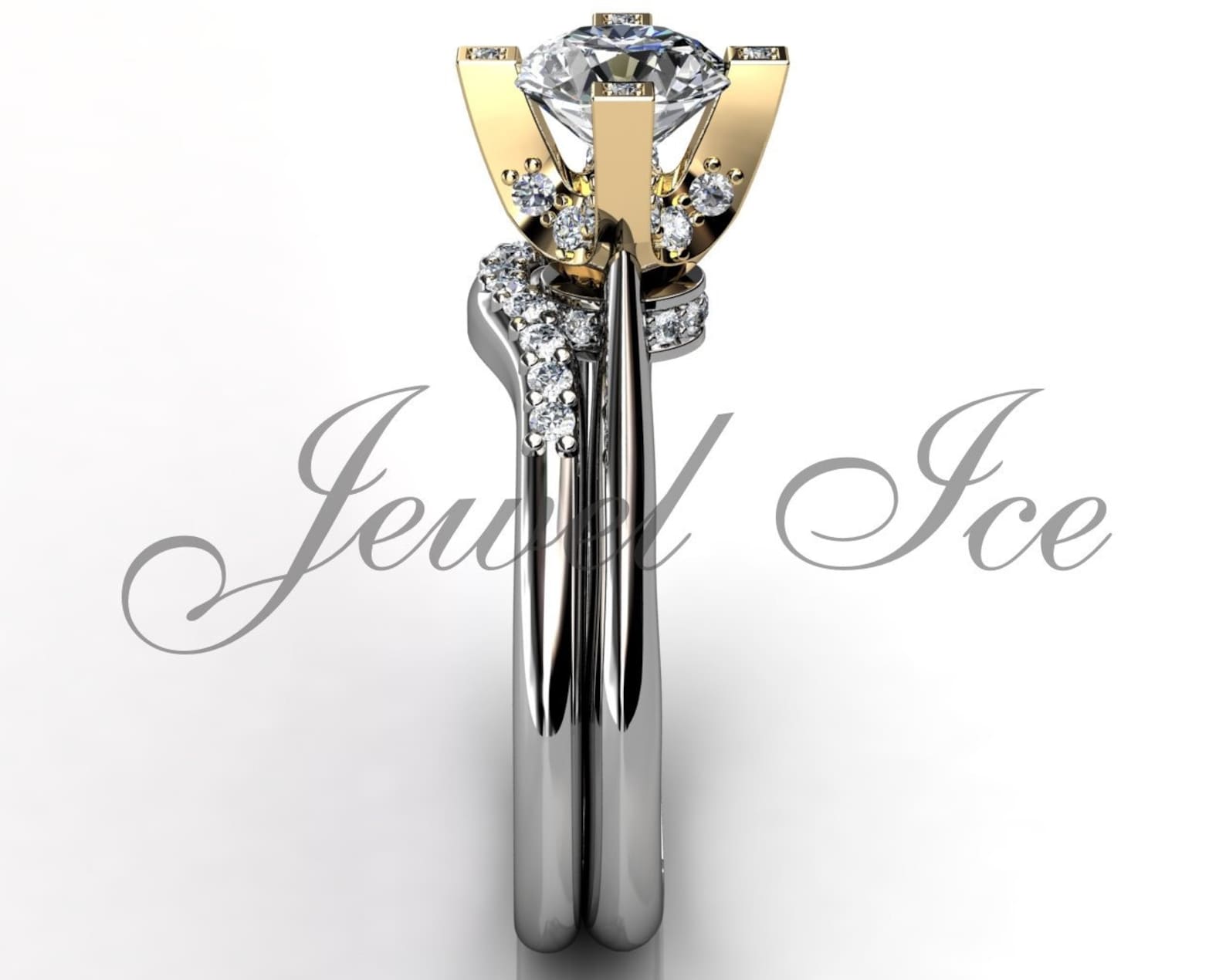 14k White and Yellow Gold Engagement Ring and Wedding Band - Etsy