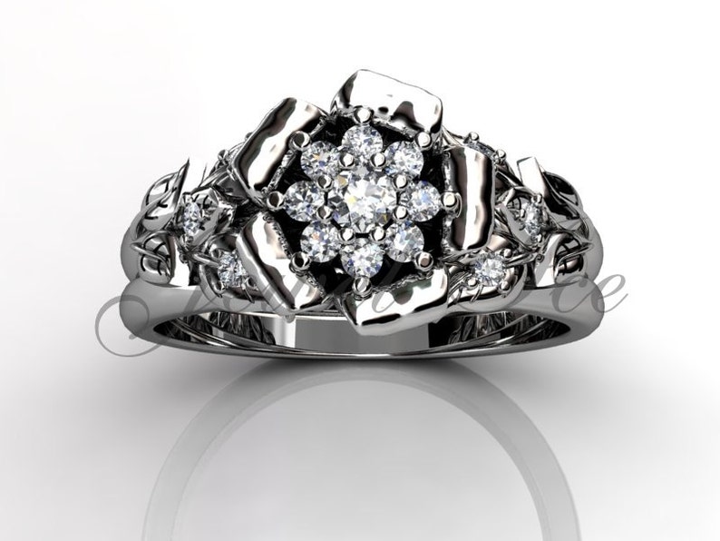 14k White Gold Diamond Unusual Unique Flower Engagement Ring - Etsy