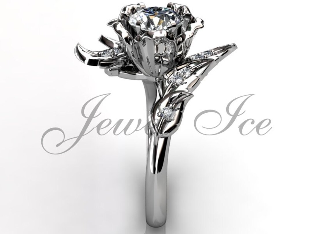 Leaf & Flower Engagement Ring - Platinum Diamond Unique Leaves and ...
