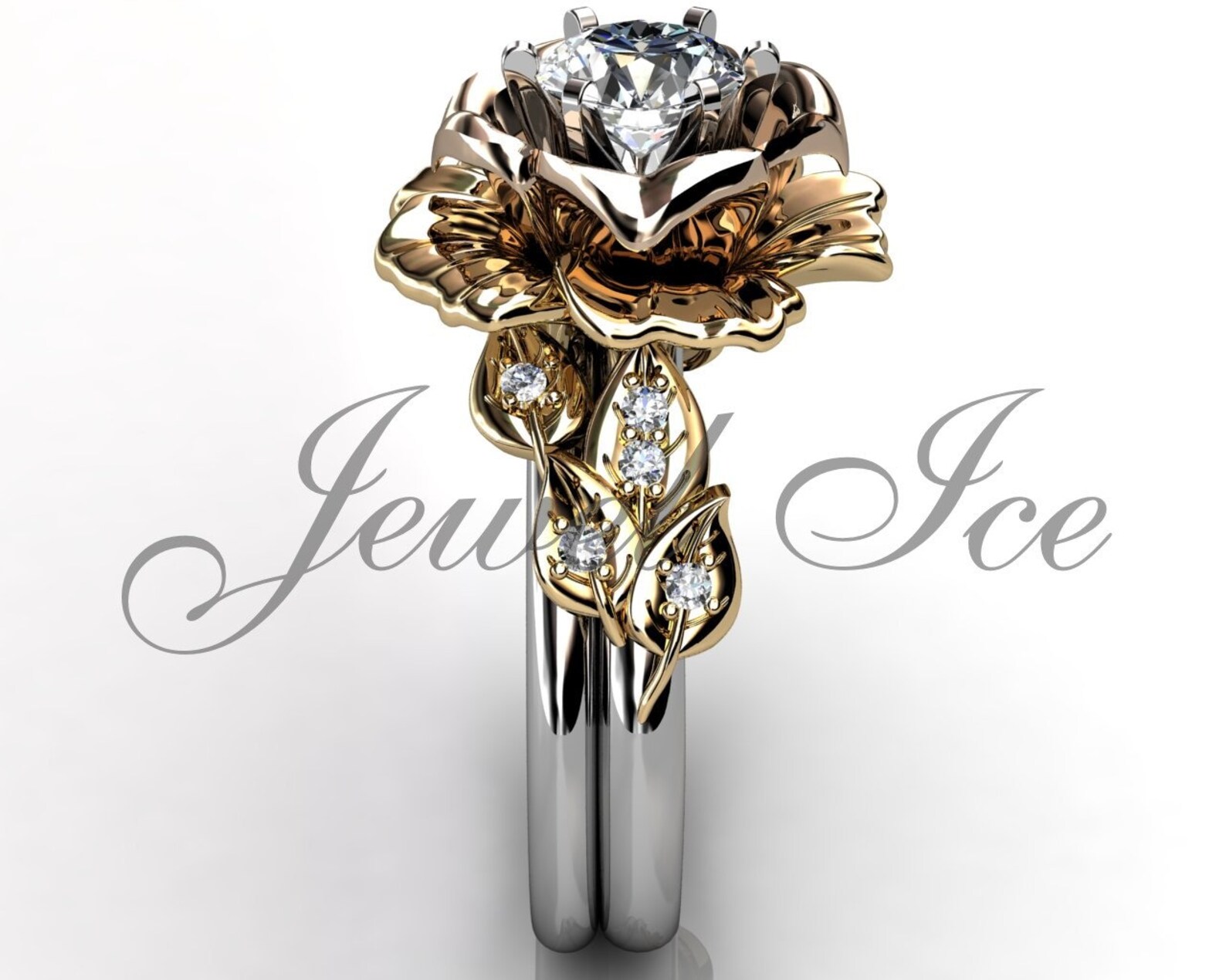 Unique Flower Engagement Ring Set White Rose and Yellow Gold - Etsy