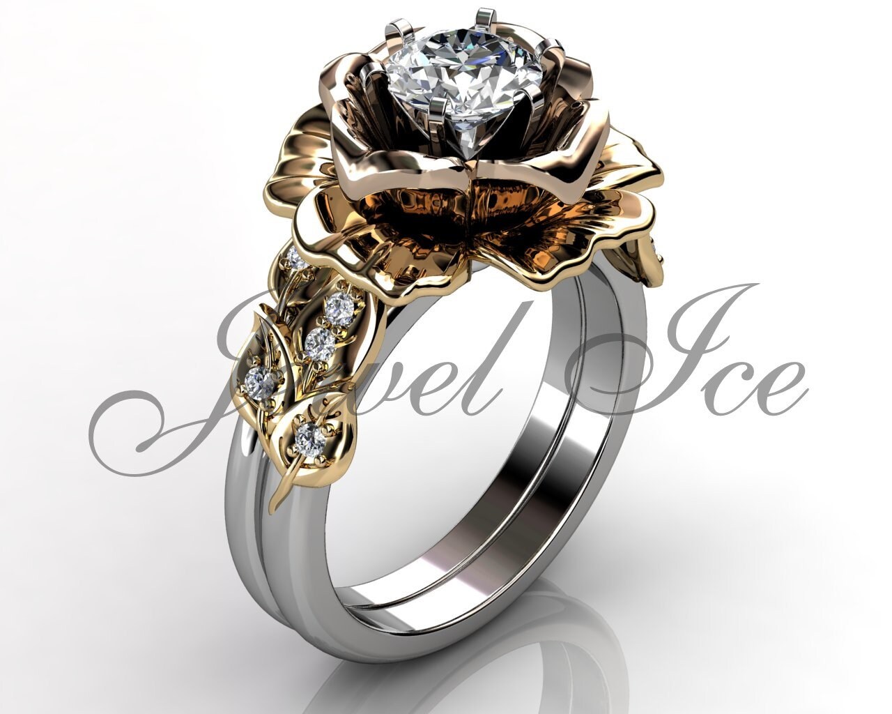 Unique Flower Engagement Ring Set White Rose and Yellow Gold | Etsy