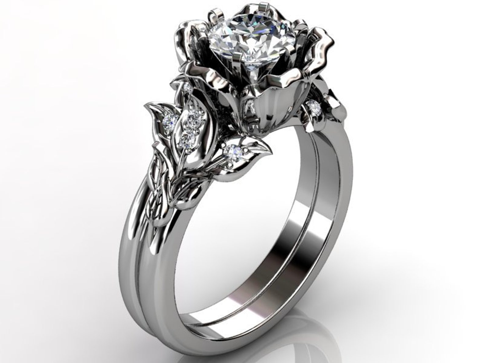 14k White Gold Diamond Unusual Unique Flower Engagement Ring - Etsy