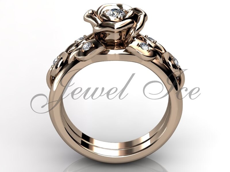 Engagement Ring Set 14k Rose Gold Diamond Unique Flower | Etsy