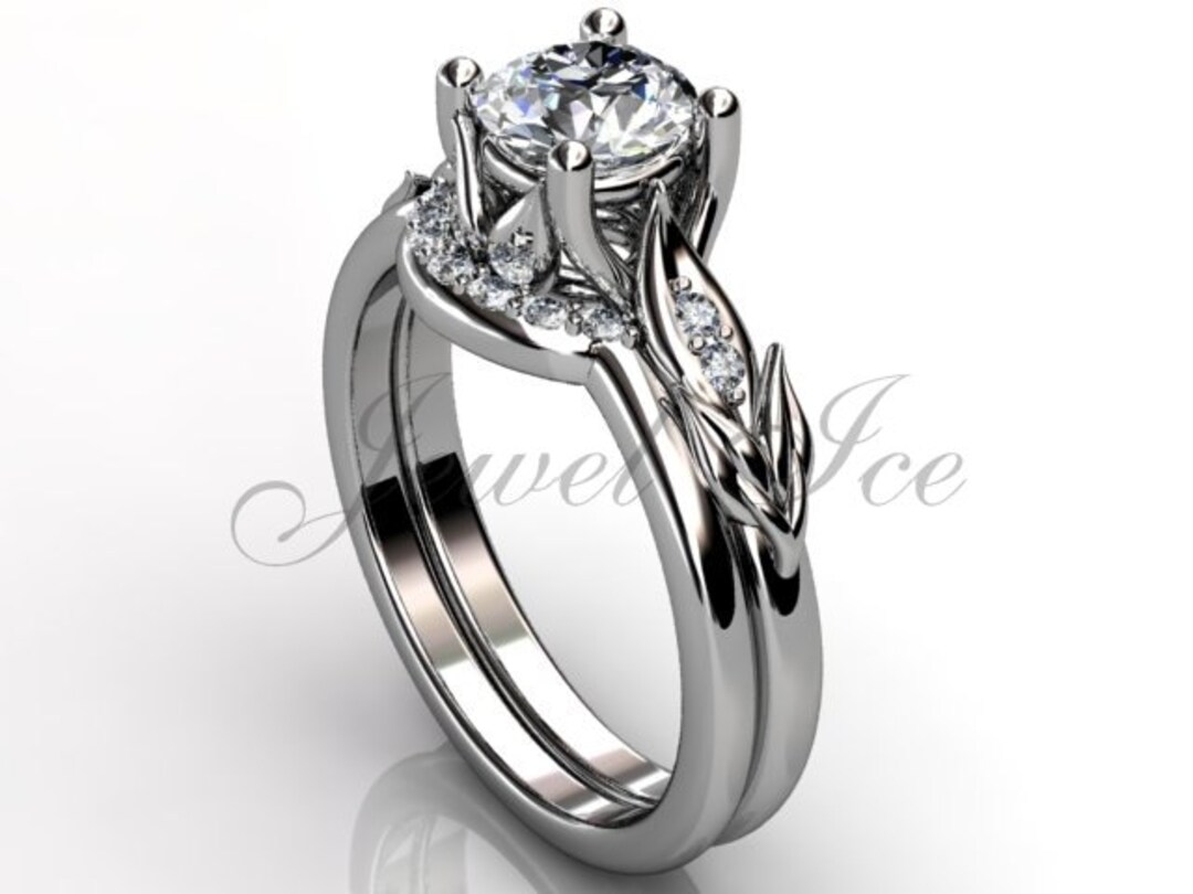 14k White Gold Diamond Unusual Unique Floral Engagement Ring, Bridal ...
