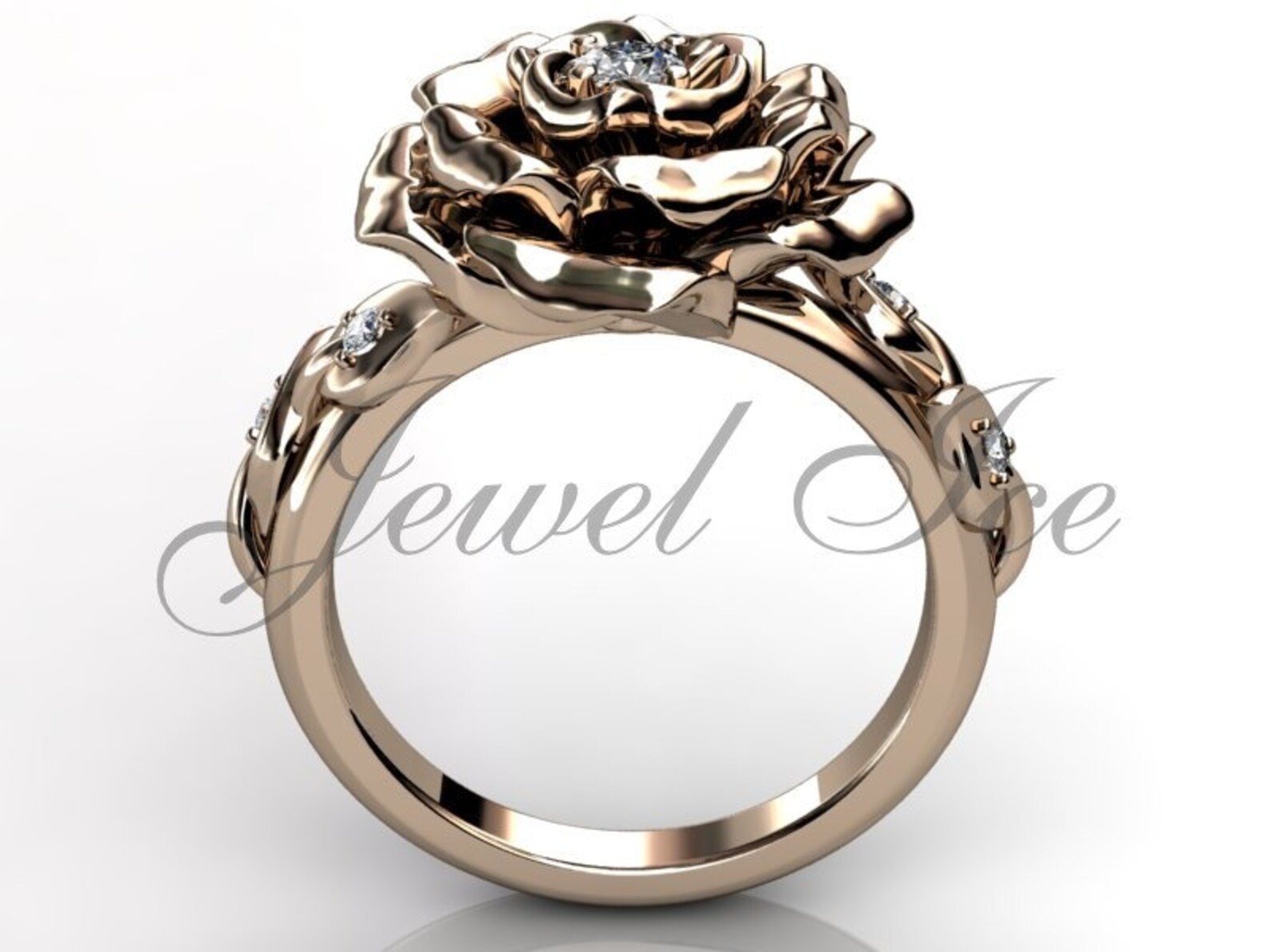 Enchanted Rose Flower Engagement Ring - 14k Rose Gold Diamond Unique ...