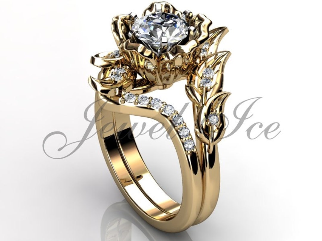 14k Yellow Gold Diamond Unusual Unique Flower Engagement Ring, Bridal ...